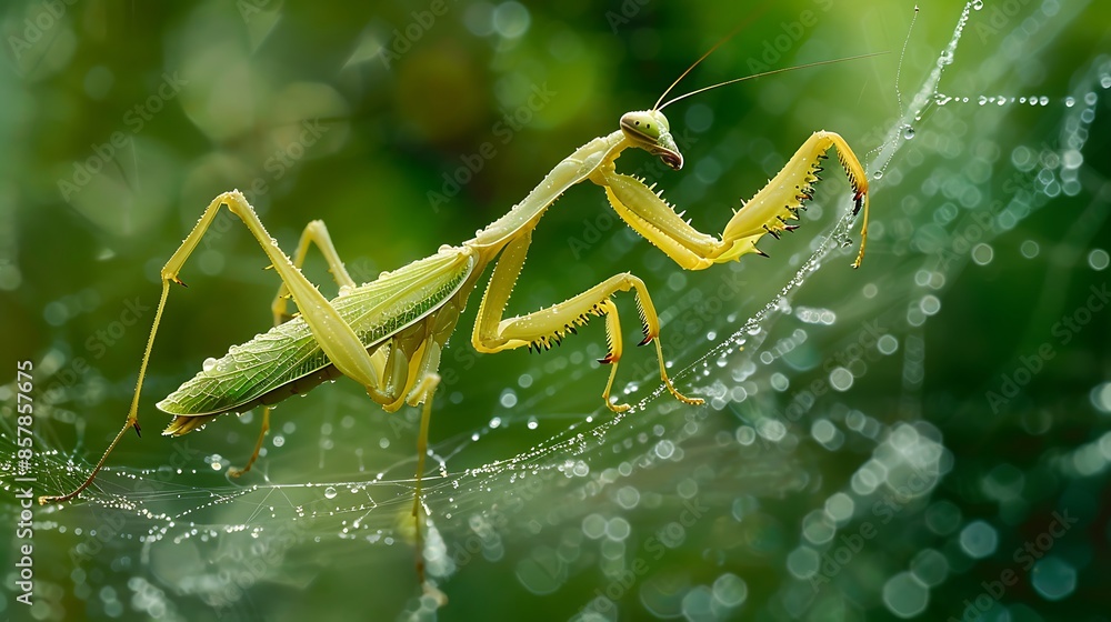 Praying mantis exoskeleton caught in a spider web Stock Photo | Adobe Stock