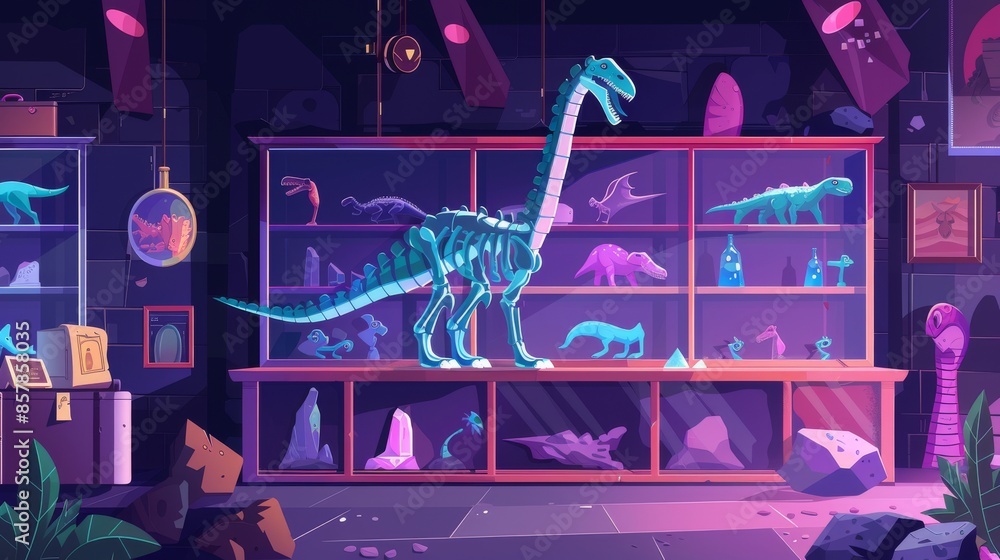 An illustration depicting fossil dinosaurs in an archaeology ...