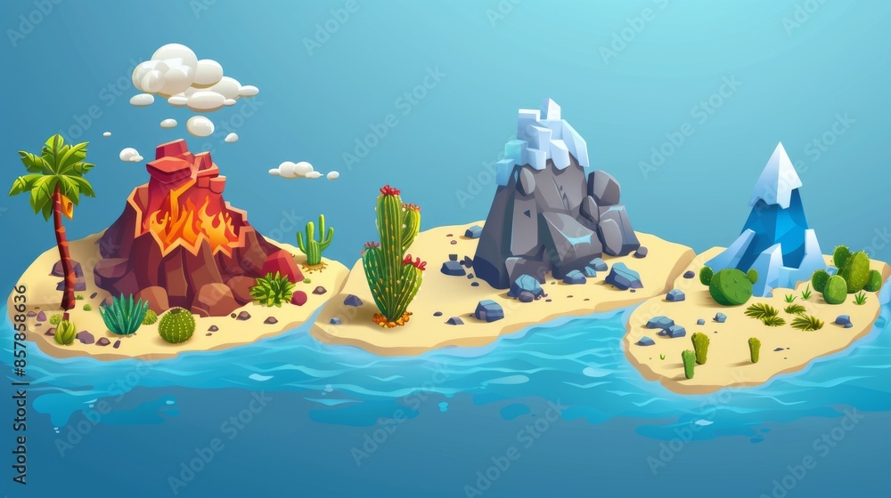 Island in ocean modern background for adventure game level map. Volcano ...
