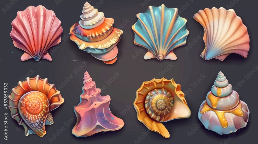 Game icons of seashells. Cartoon modern illustration set of cute marine ...