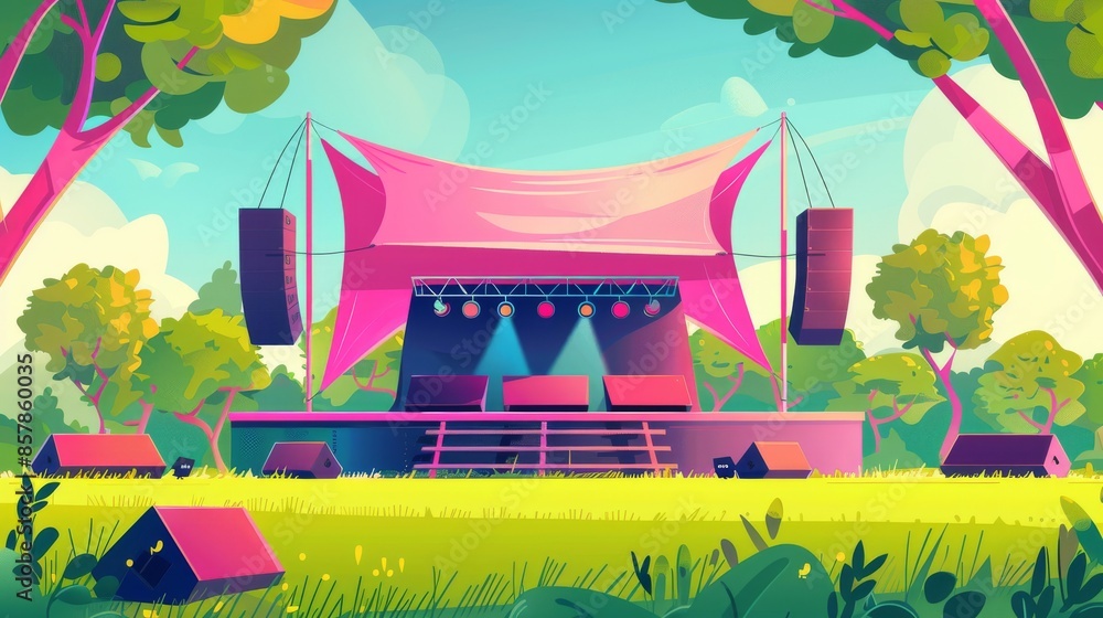 Cartoon illustration of an outdoor music concert stage. Summer open-air ...
