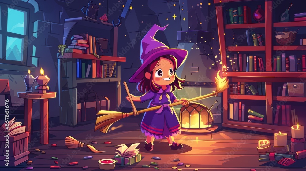 A cartoon modern scene of a magic wizard school interior with a little ...