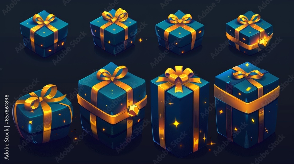 Blue gift boxes with yellow ribbons and bows for game interface designs ...