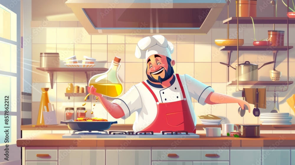 Modern cartoon illustration of young male chef cooking at home. The man ...