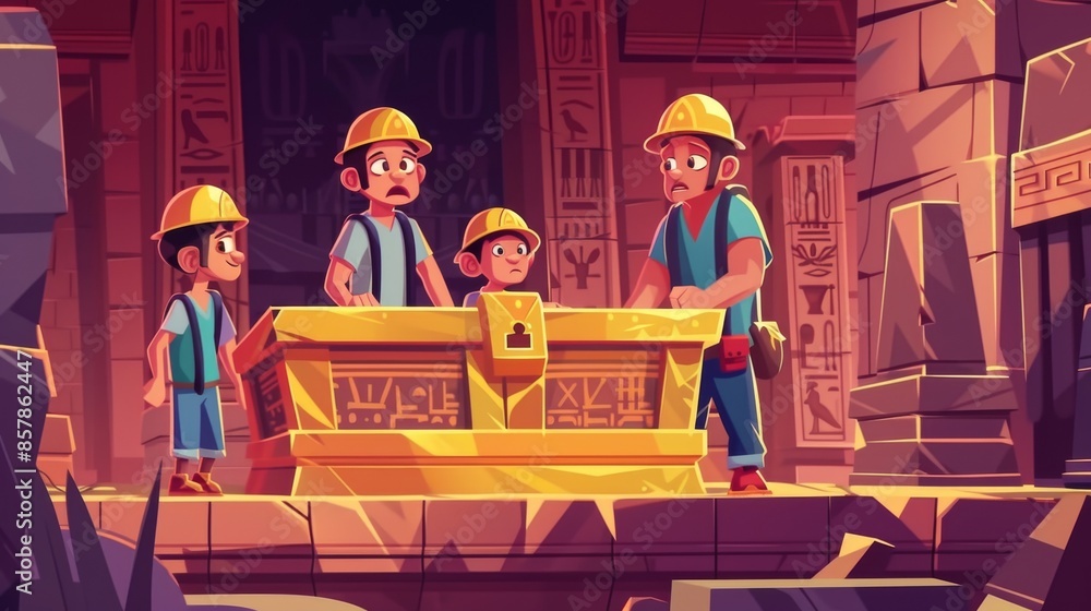 Animated modern illustration of a father and teen child exploring an ...