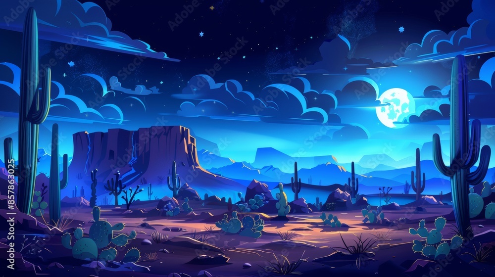 Desert background at night with a cactus with flowers, a moon, stars ...