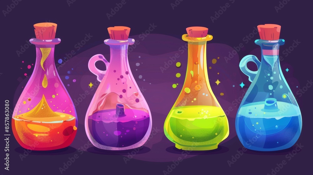 Bottles with alchemy elixirs or poisons. Modern cartoon set of floating ...