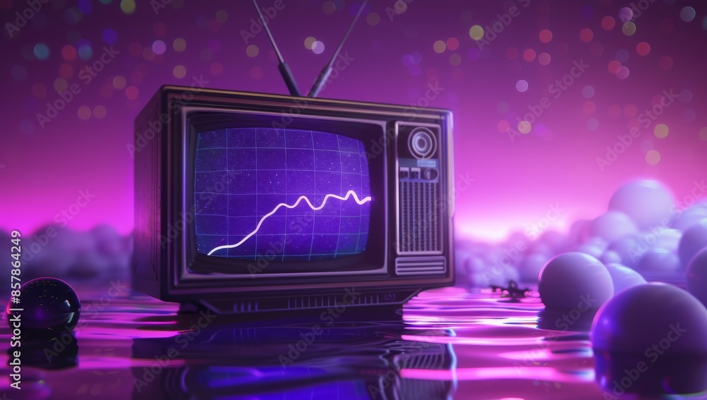 Retro wave style background displayed on vintage TV screen. VHS noise ...