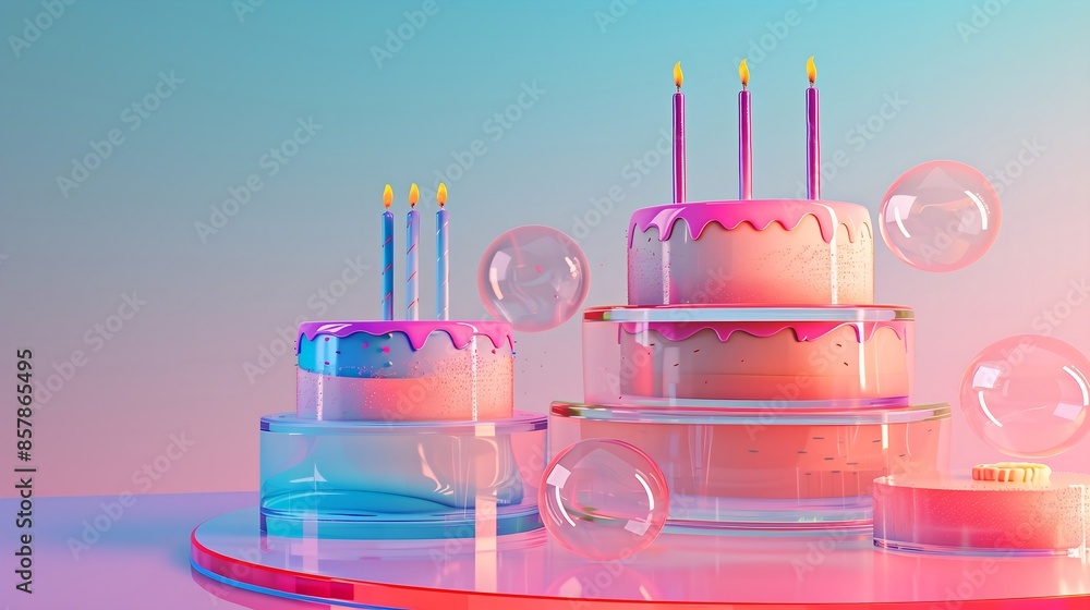 3D artwork featuring transparent birthday cake shapes in varying sizes ...