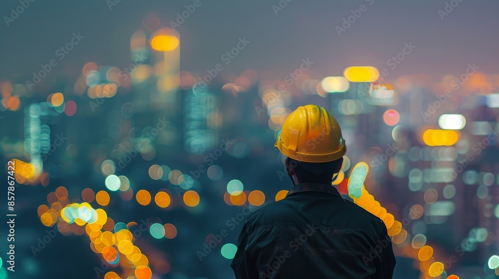 Observation of a construction worker with yellow hard hat from behind ...