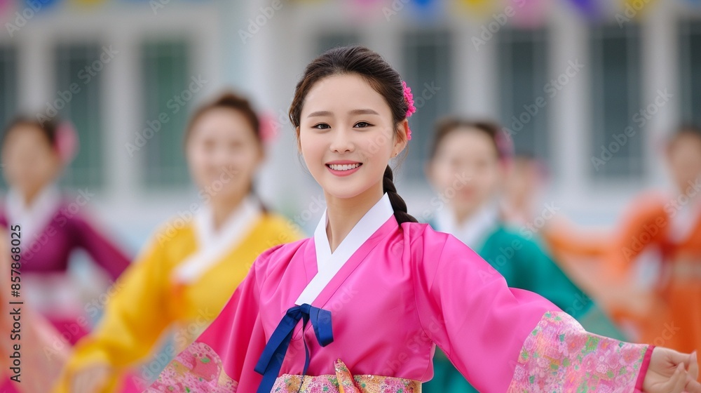 Scene of a traditional dance performance at a community center, dancers ...