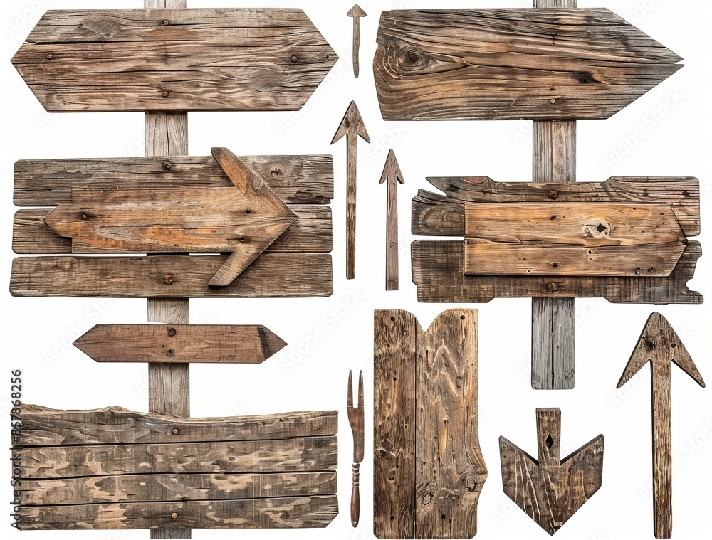 This collection of old wooden signs is isolated on a transparent ...