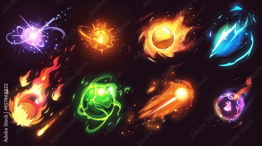 Modern illustration of space guns, explosion, laser blasters, raygun ...