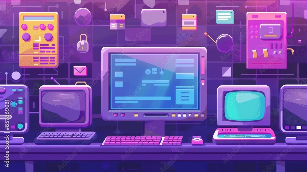 The retro computer interface in 90s graphic style that has windows ...