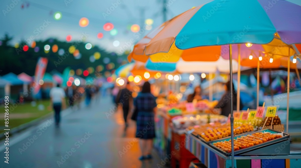 Scene of a community festival with booths offering traditional Korean ...