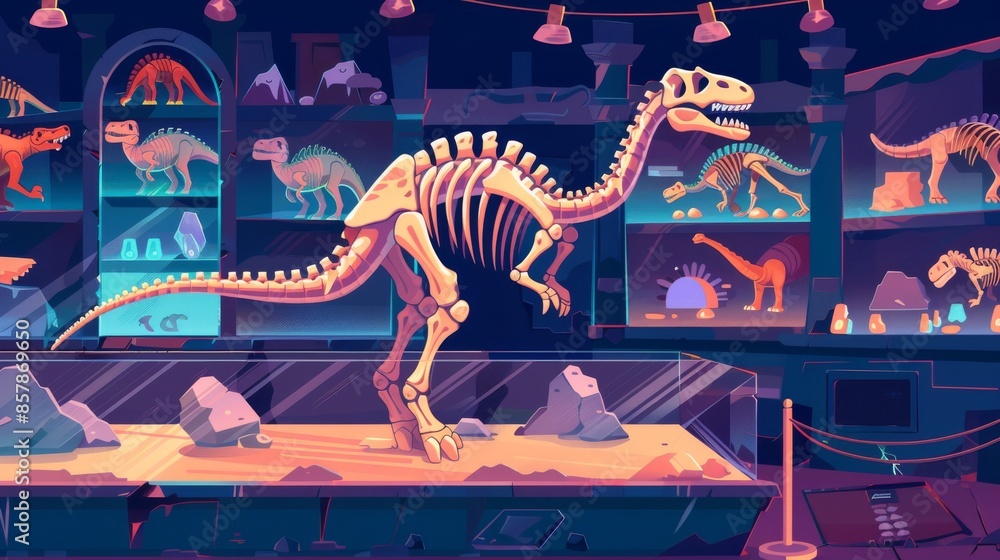 Animated cartoon illustration of fossil dinosaur skeletons in a museum ...