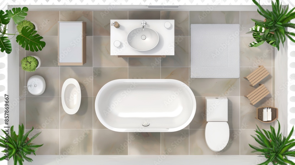 Modern realistic 3d set of washroom furniture with white toilet bowl ...