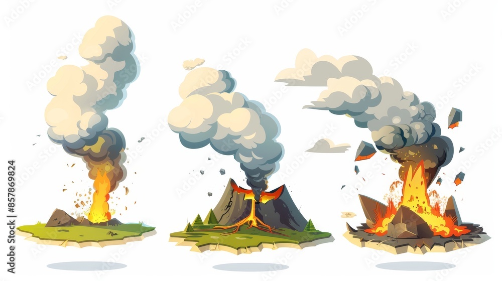 Modern illustration of a cartoon volcano lava eruption. Graphite symbol ...