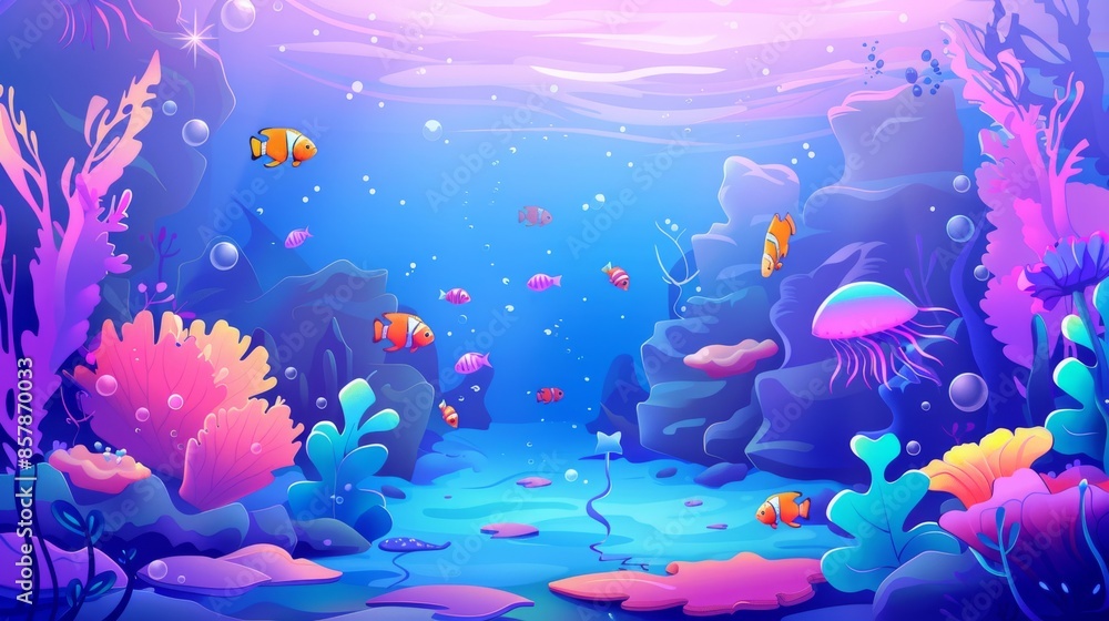 The jellyfish character swims in deep ocean cartoon background ...