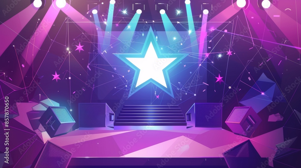 Cartoon illustration of empty talent show stage with neon lighting ...