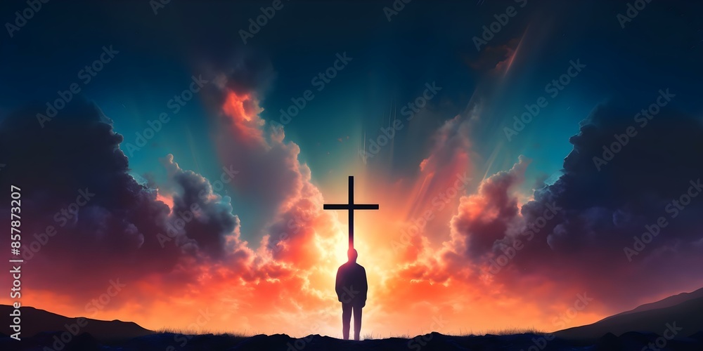 Silhouette of person praying in front of glowing cross with colorful ...
