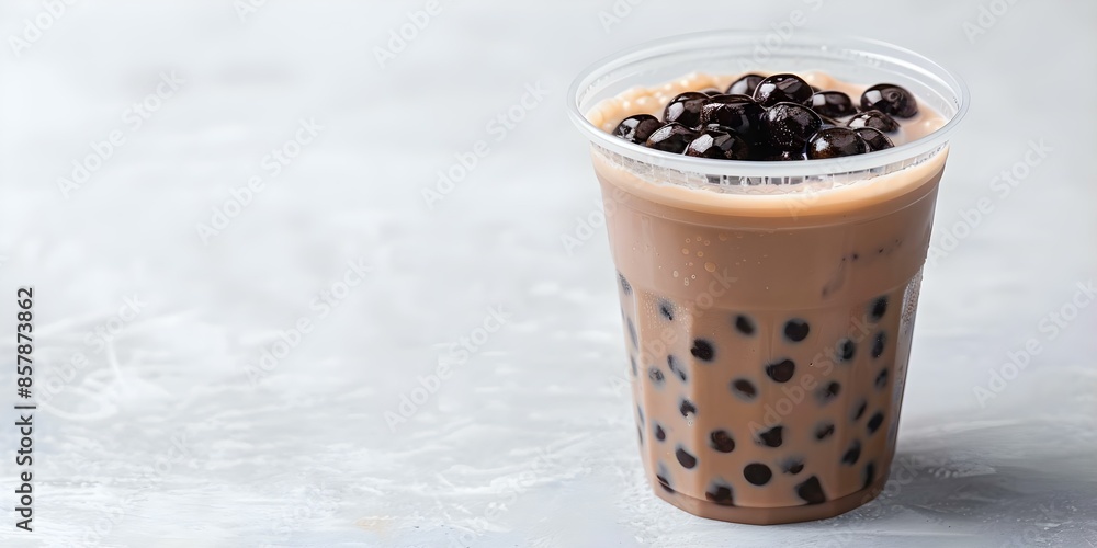 Traditional Taiwanese bubble milk tea with tapioca pearls in a plastic ...
