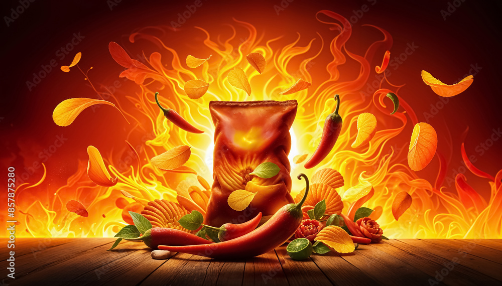 Advertisement Featuring Spicy Potato Chips with Chili Peppers and Fiery ...
