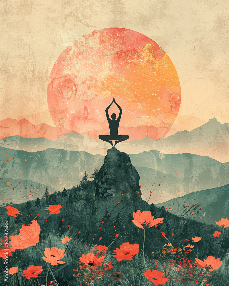Serene yoga practice illustration with person on mountain top at sunset Stock Illustration ...
