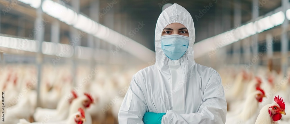 Worker in fullbody protective gear handling farm chickens, white suit ...
