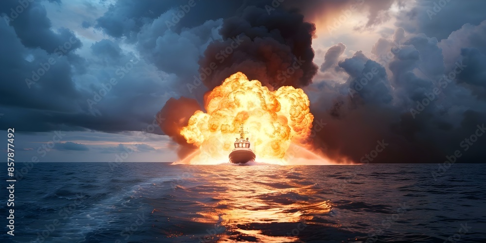 Rig explosion ignites lifeboat fire. Concept Marine Safety, Emergency ...