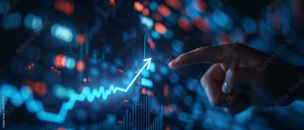 Hand pointing at a glowing digital bar graph with an upward arrow, blue ...