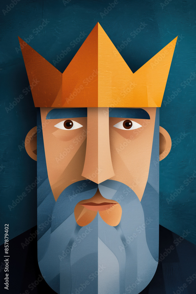 Stylized geometric portrait of King David with a golden crown and a ...