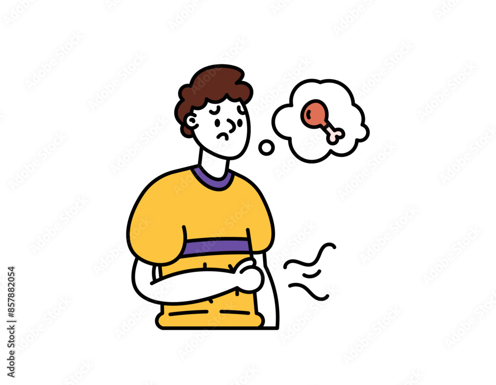 illustration of a starving man. stomach growling and wanting to eat ...