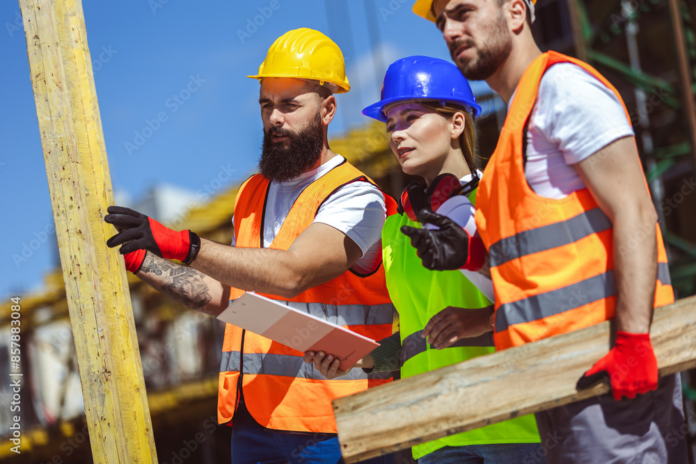 Two construction workers carrying bars at a building site - people at ...