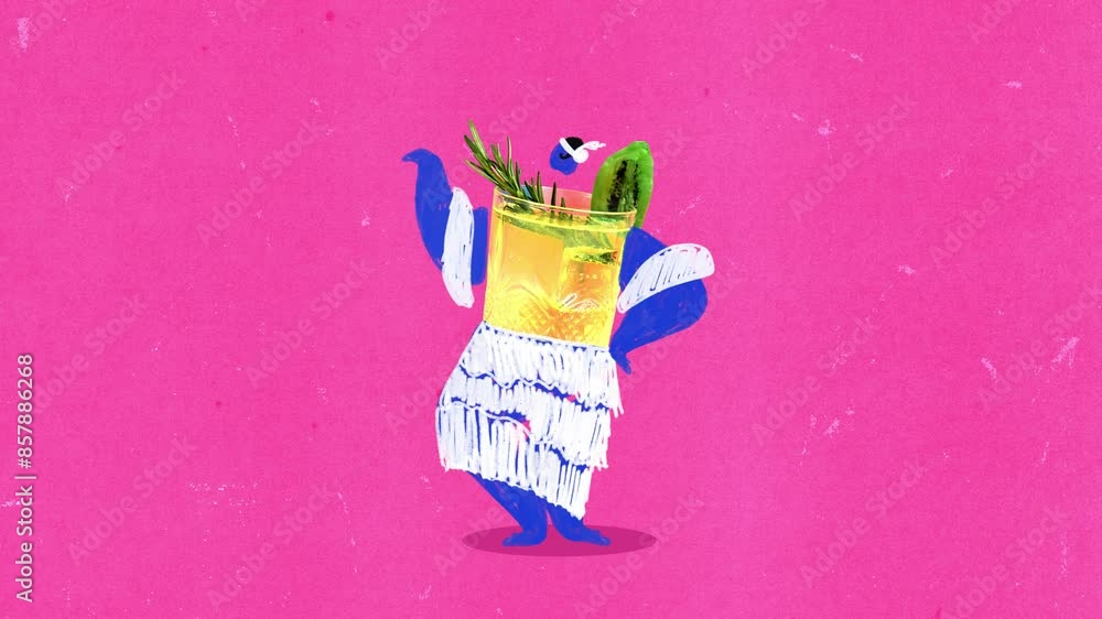 Retro party. Female drawn character dancing around gin garden cocktail ...