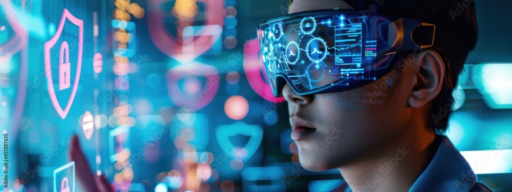 network engineer wearing augmented reality glasses, working on a ...