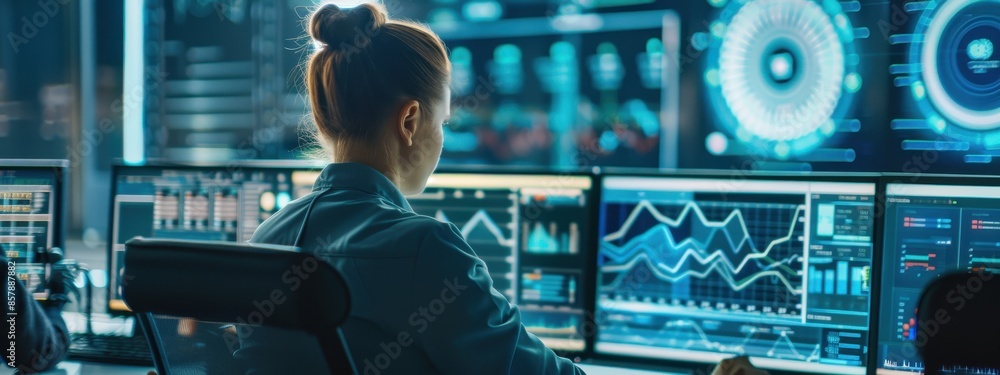 team of cybersecurity experts analyzing data on multiple screens in a high-tech command center ...