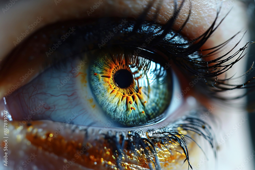 Female eye close-up macro, blue color, fiery cornea of the pupil ...