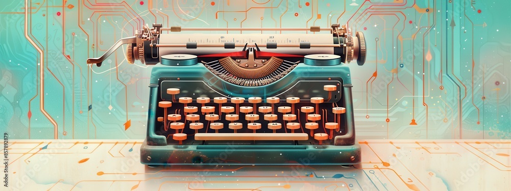 A detailed, hand-drawn style illustration of a vintage typewriter with ...