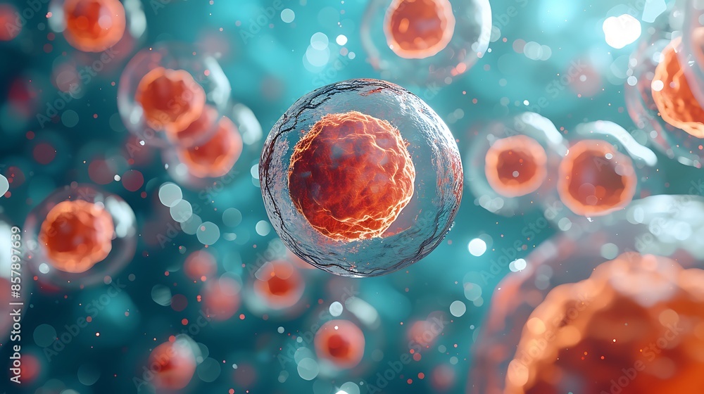 3D render of human cells floating in cell culture medium with a light ...