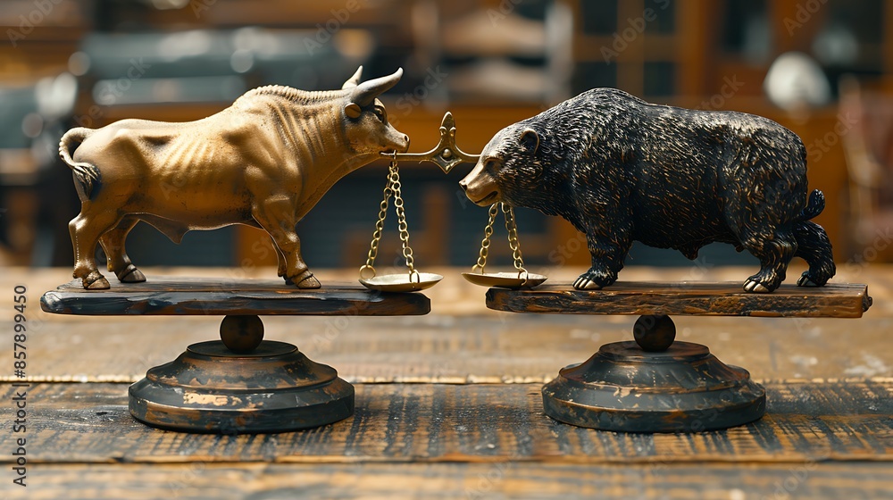 A high-resolution photograph of a scale with a bull on one side and a ...