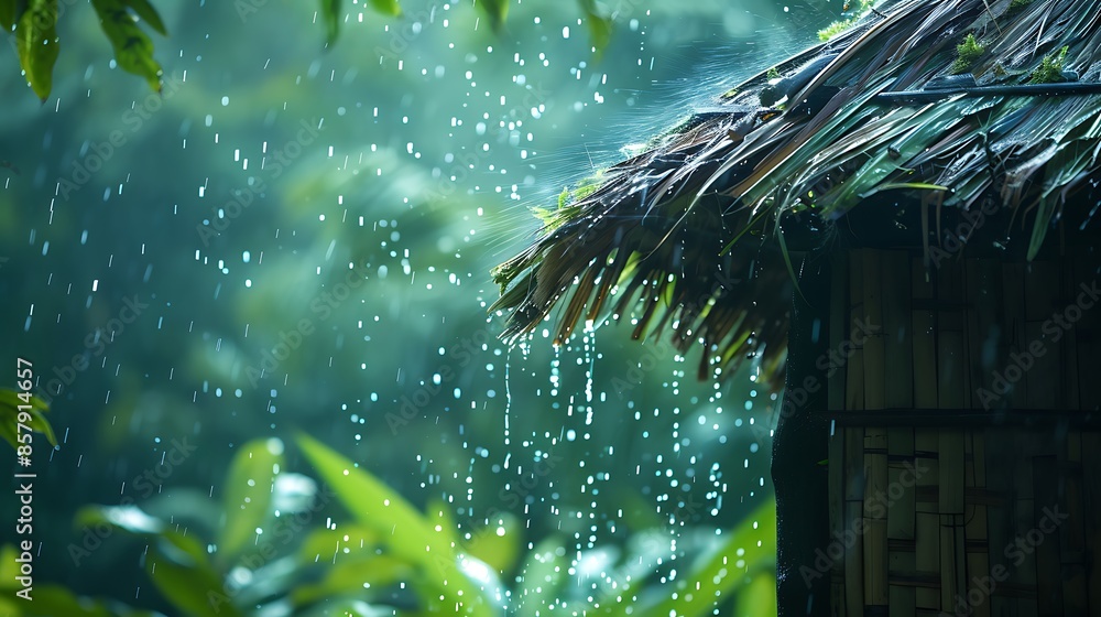 Rain drops falling from cogon grass roof hut on rainy morning old cogon ...