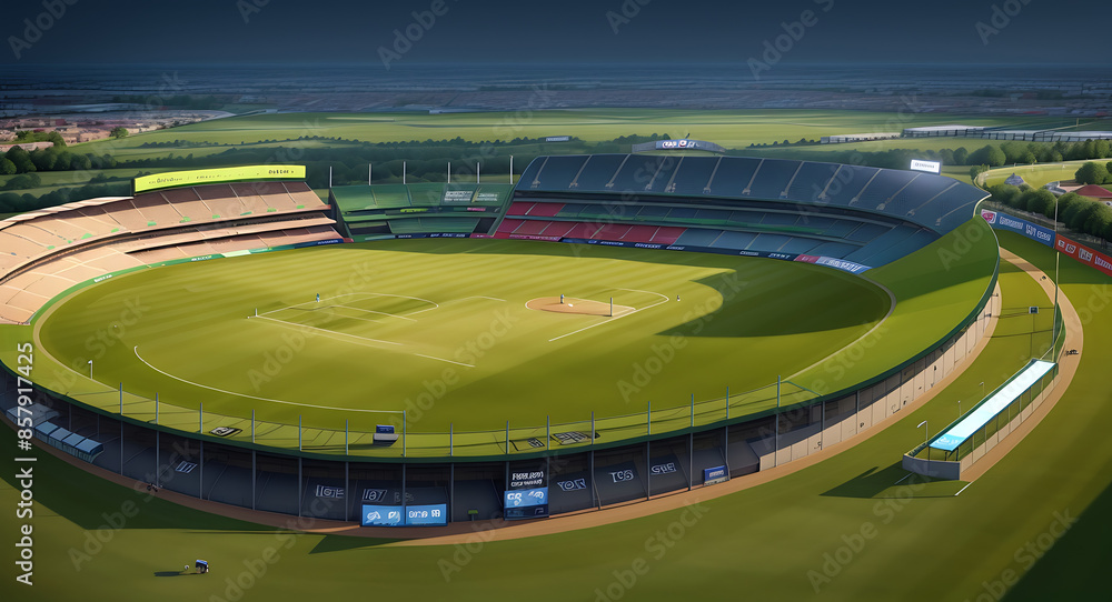 A Spectacular sport cricket stadium with glowing floodlights and empty ...
