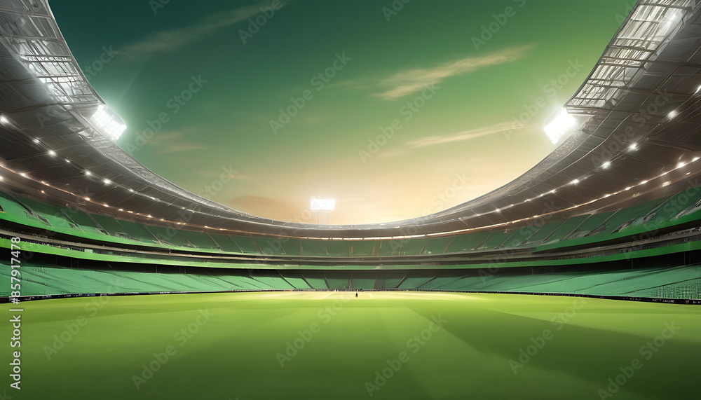 A Spectacular sport cricket stadium with glowing floodlights and empty ...
