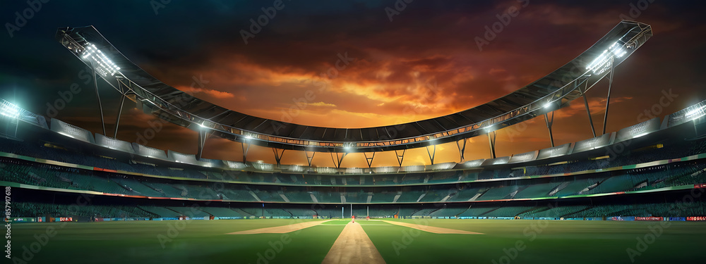A Spectacular sport cricket stadium with glowing floodlights and empty ...