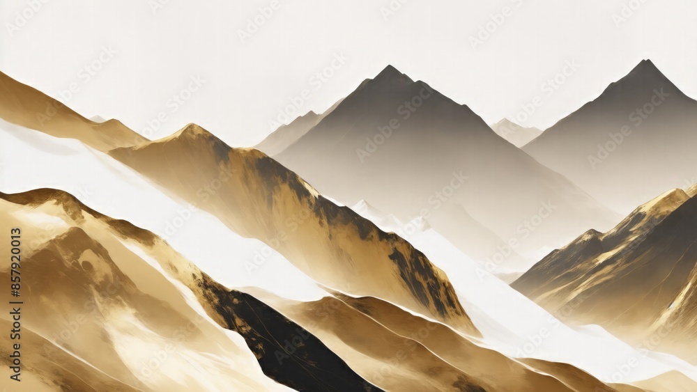 Mountain range illustration in gold colors, abstract art landscape ...