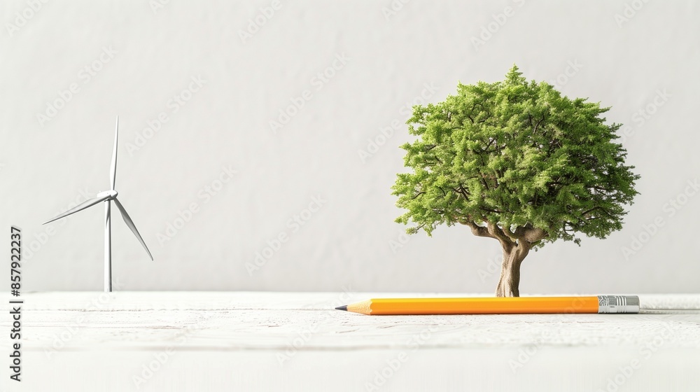 A pencil tree and wind turbine symbolize sustainable project ...