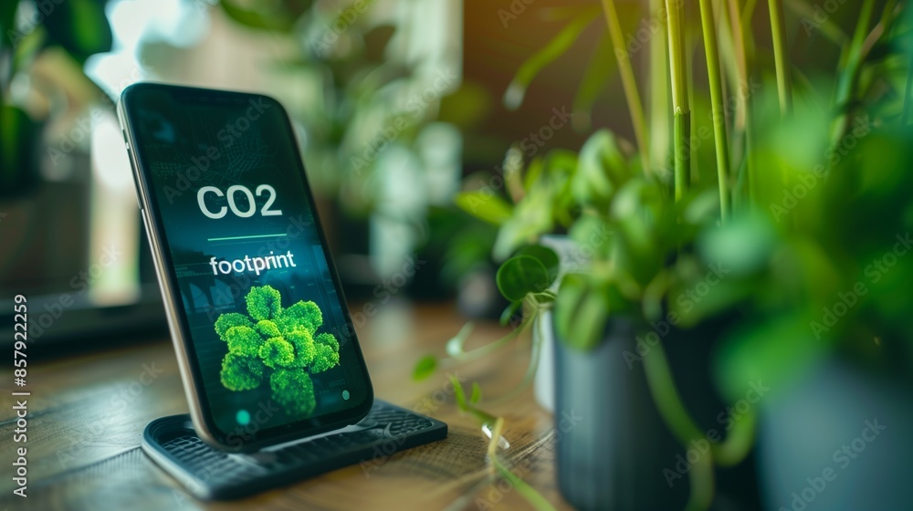 Mobile app interface displaying CO2 footprint calculation. Analyze ...