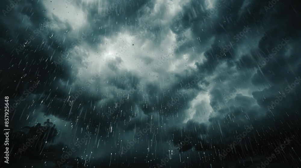Dramatic dark storm clouds and heavy rain create an intense and moody ...
