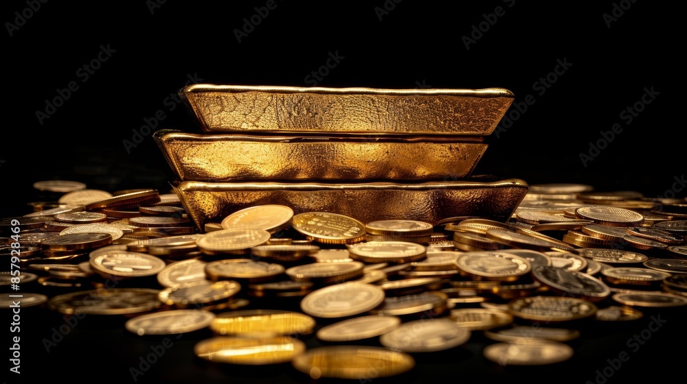 Stacked gold bars with scattered coins, isolated on black background ...